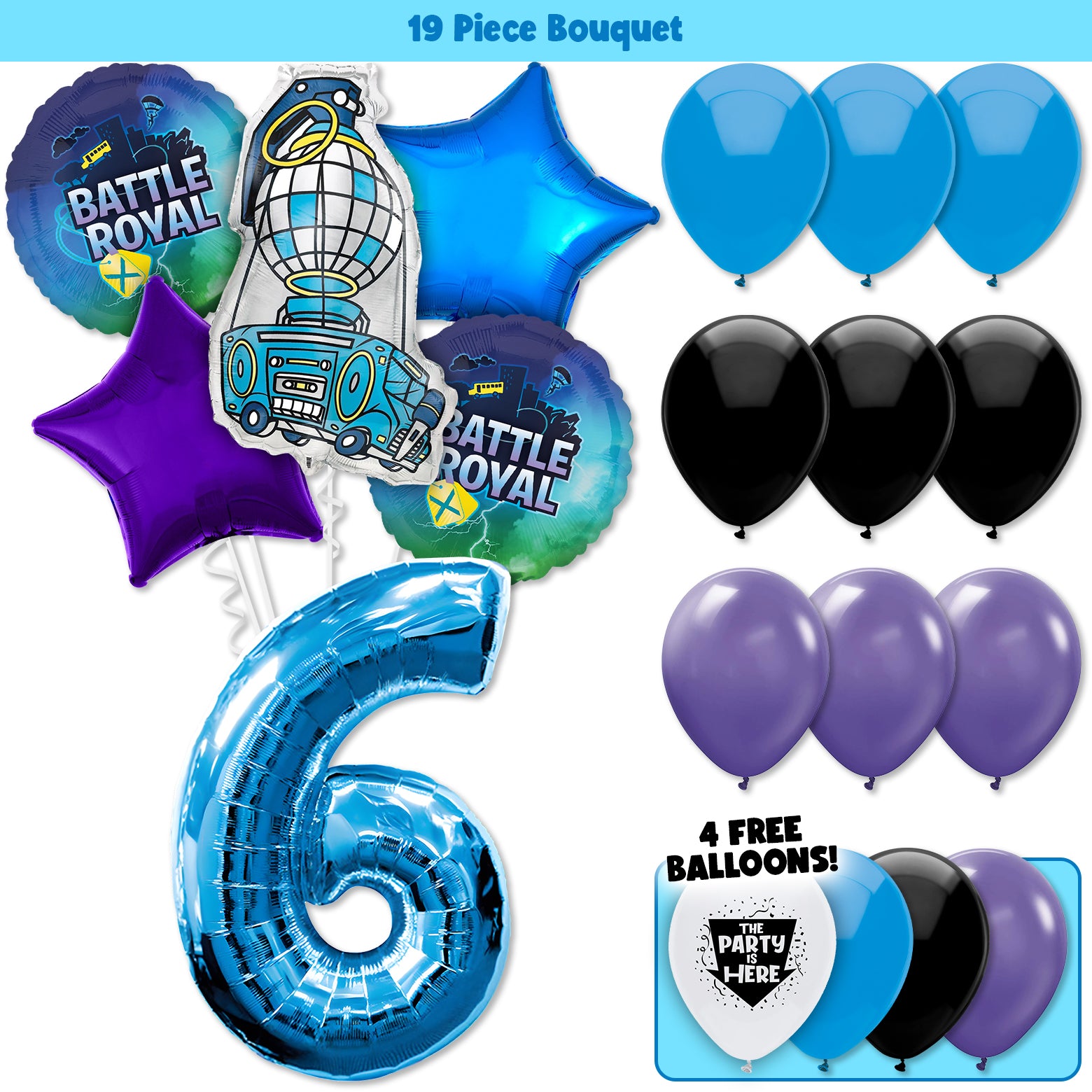 19pc Fort Game Battle Bus Balloon Kit with 42" Blue Balloon Number 6 ...