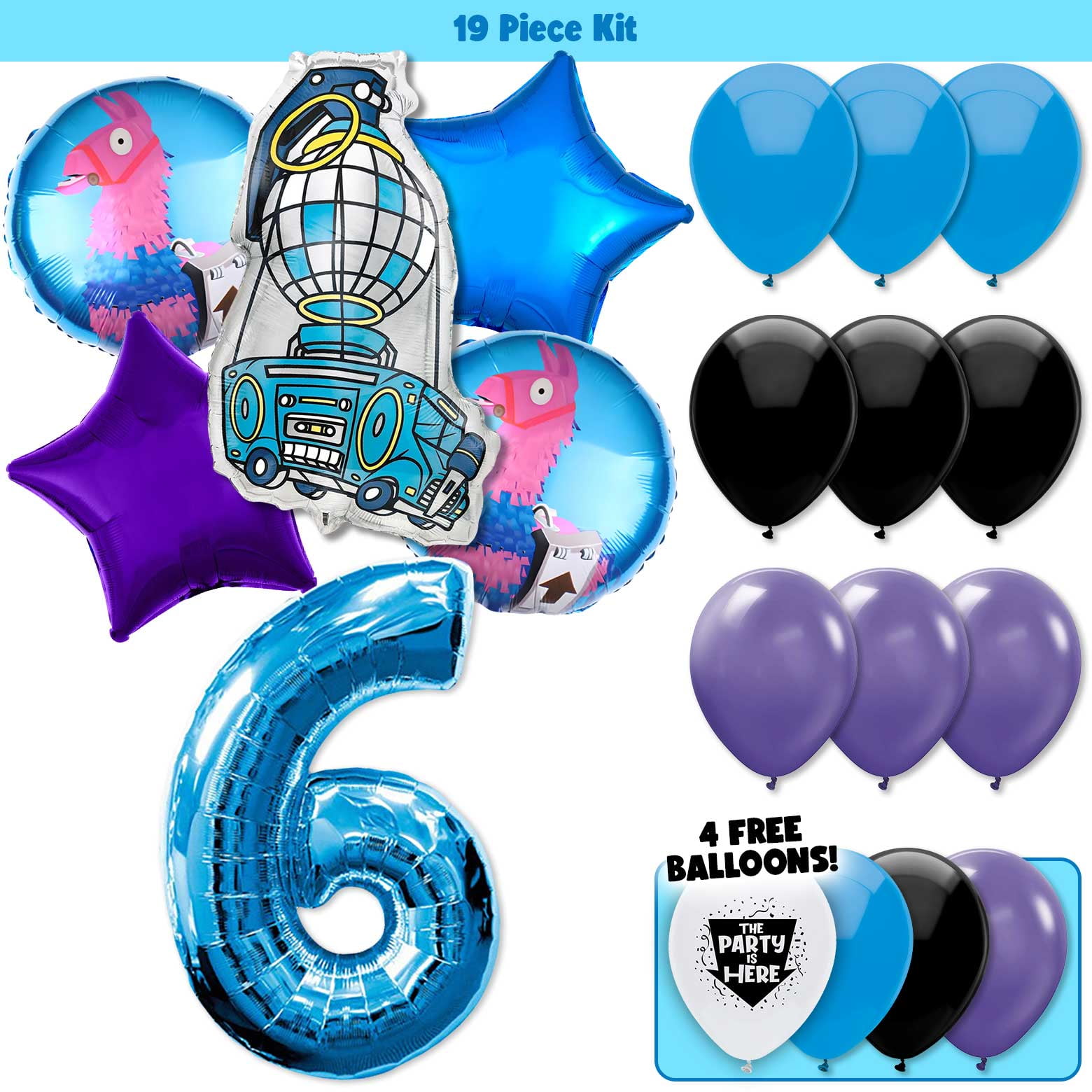 19pc Fort Game Battle Bus Balloon Kit with 42" Blue Balloon Number 6 ...