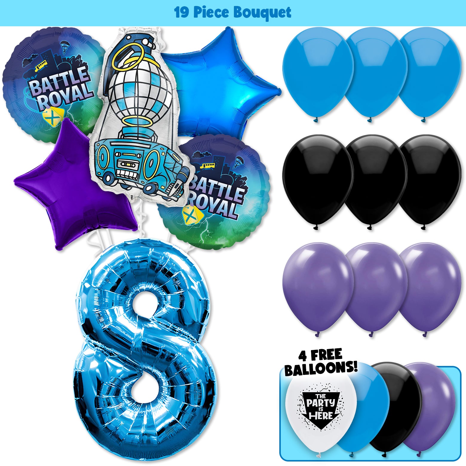 19pc Fort Game Battle Bus Balloon Kit with 42" Blue Balloon Number 8 ...