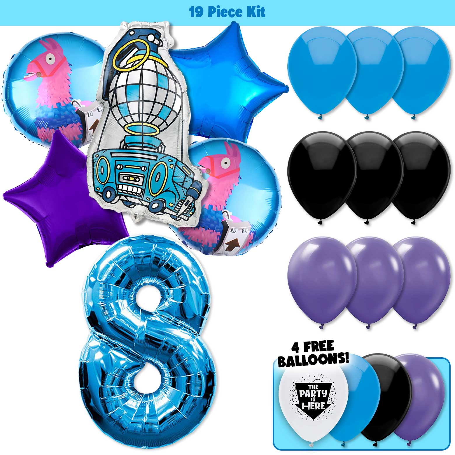 19pc Fort Game Battle Bus Balloon Kit with 42" Blue Balloon Number 8 ...