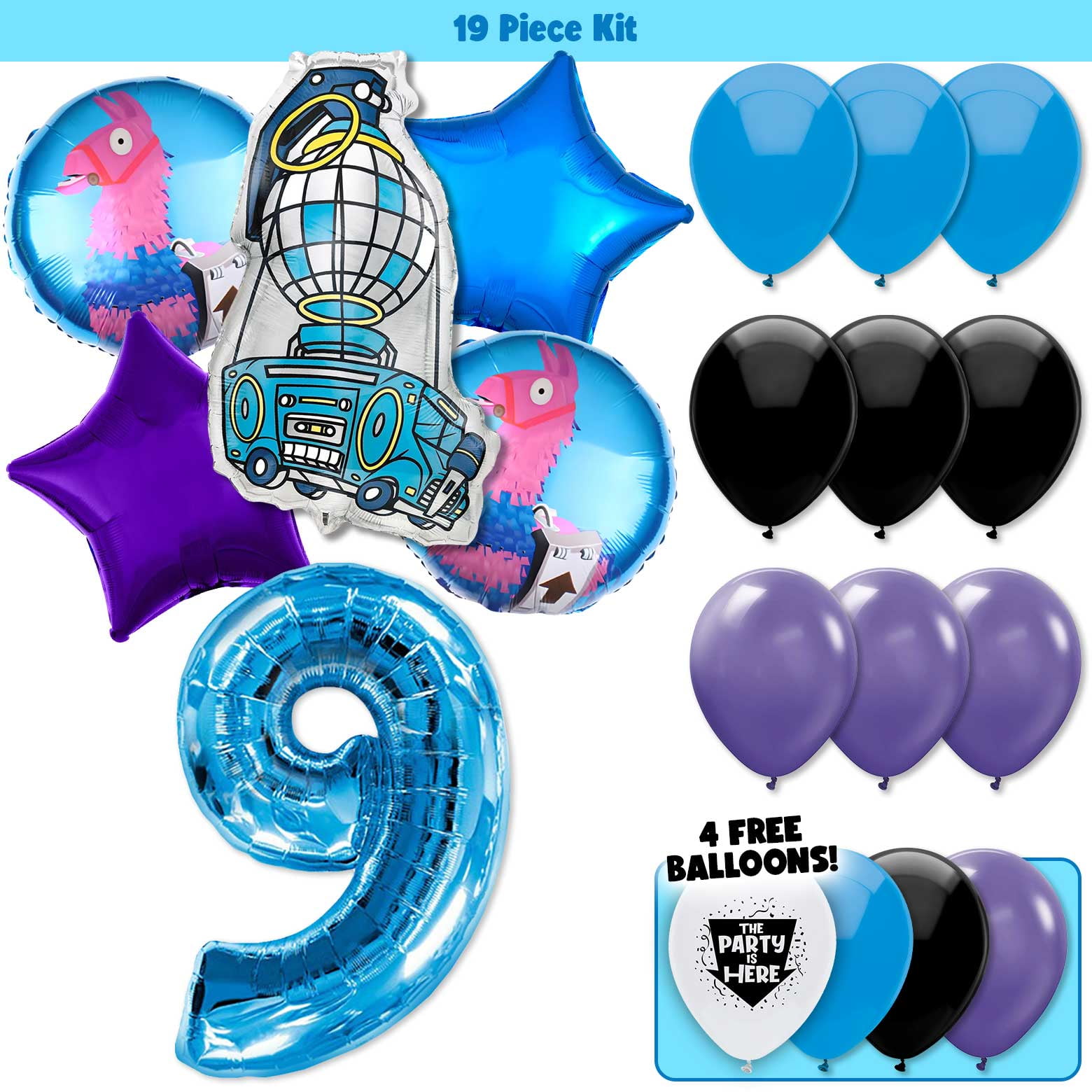 19pc Fort Game Battle Bus Balloon Kit with 42" Blue Balloon Number 9 ...
