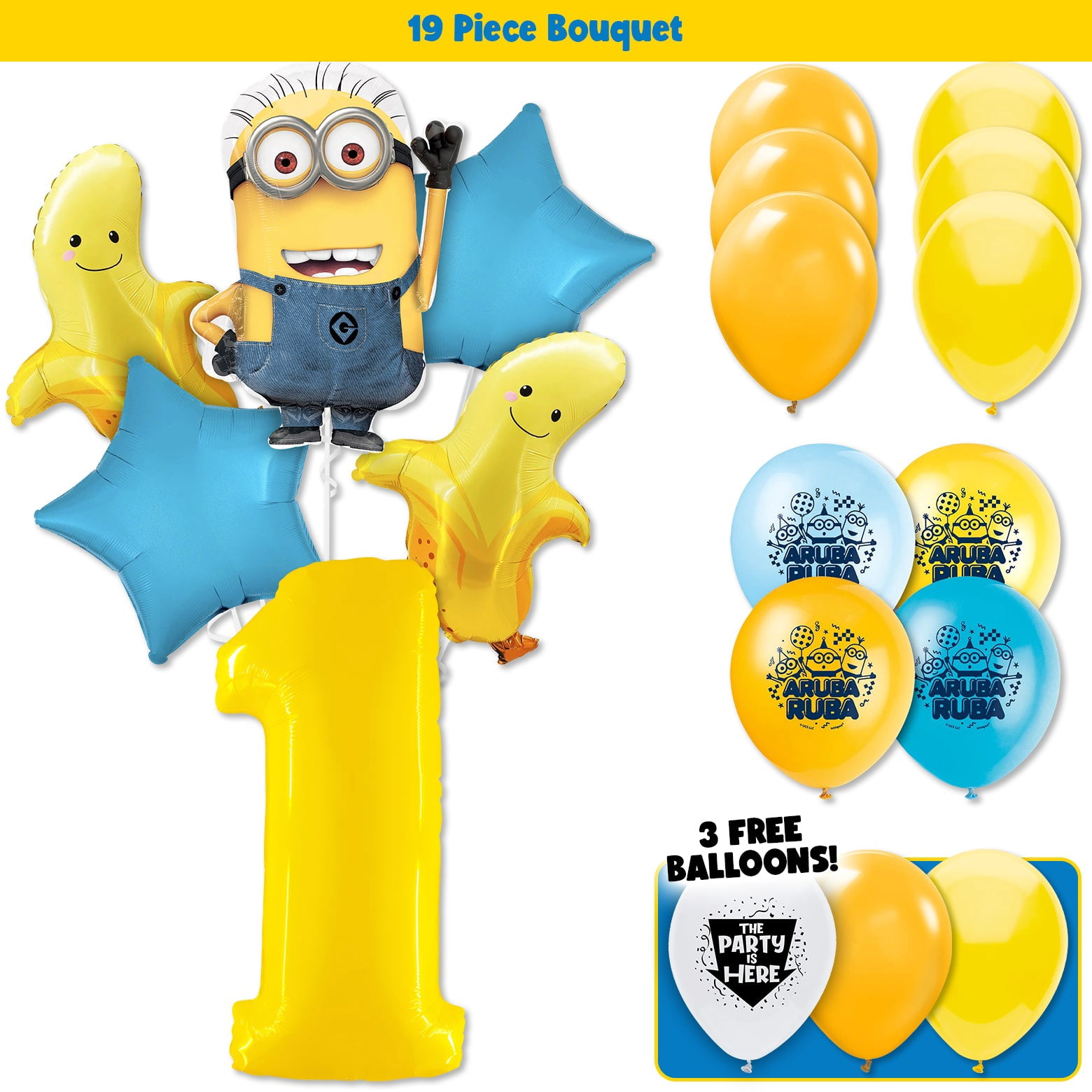 19pc Minions Banana-rama Balloon Kit with 40" Yellow Balloon Number 1 ...