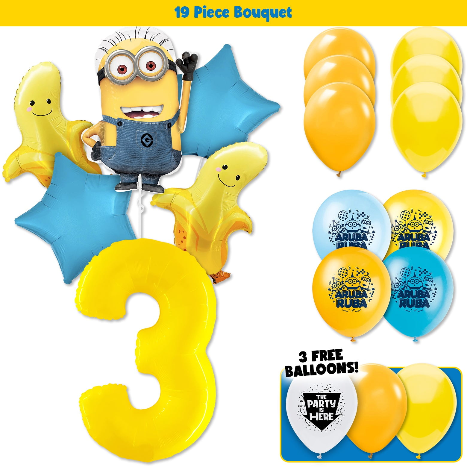 19pc Minions Banana-rama Balloon Kit with 40" Yellow Balloon Number 3 ...