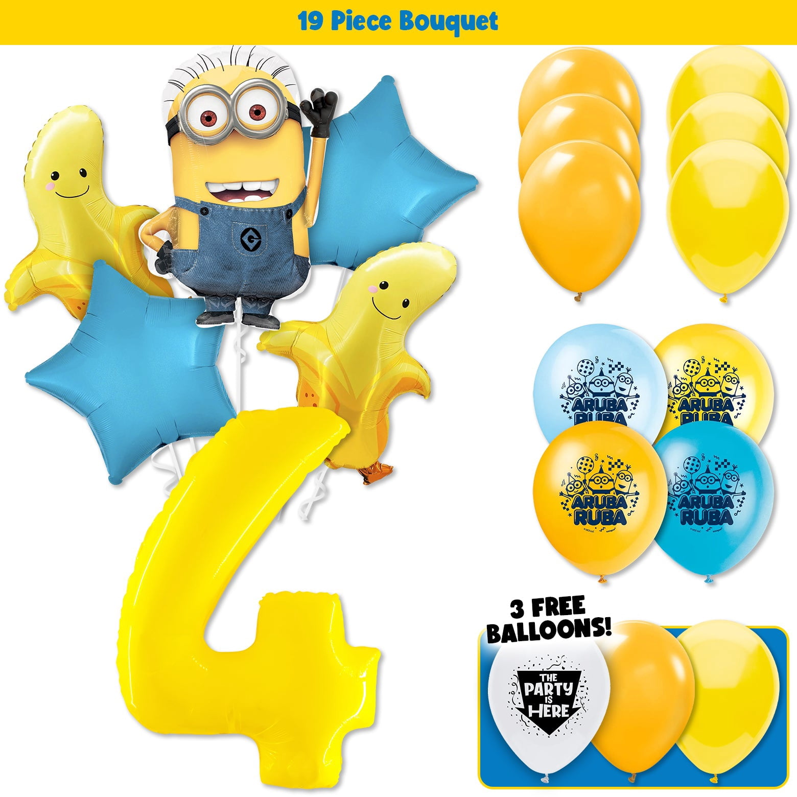 19pc Minions Banana-rama Balloon Kit with 40" Yellow Balloon Number 4 ...