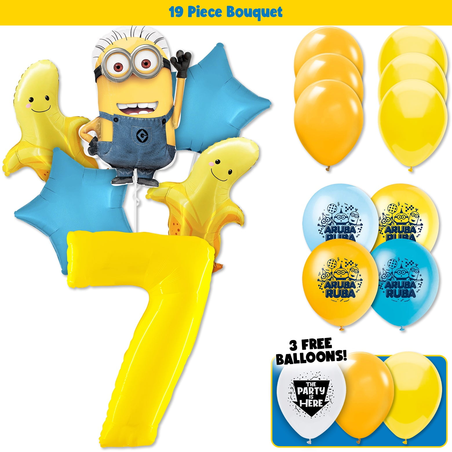 19pc Minions Banana-rama Balloon Kit with 40" Yellow Balloon Number 7 ...