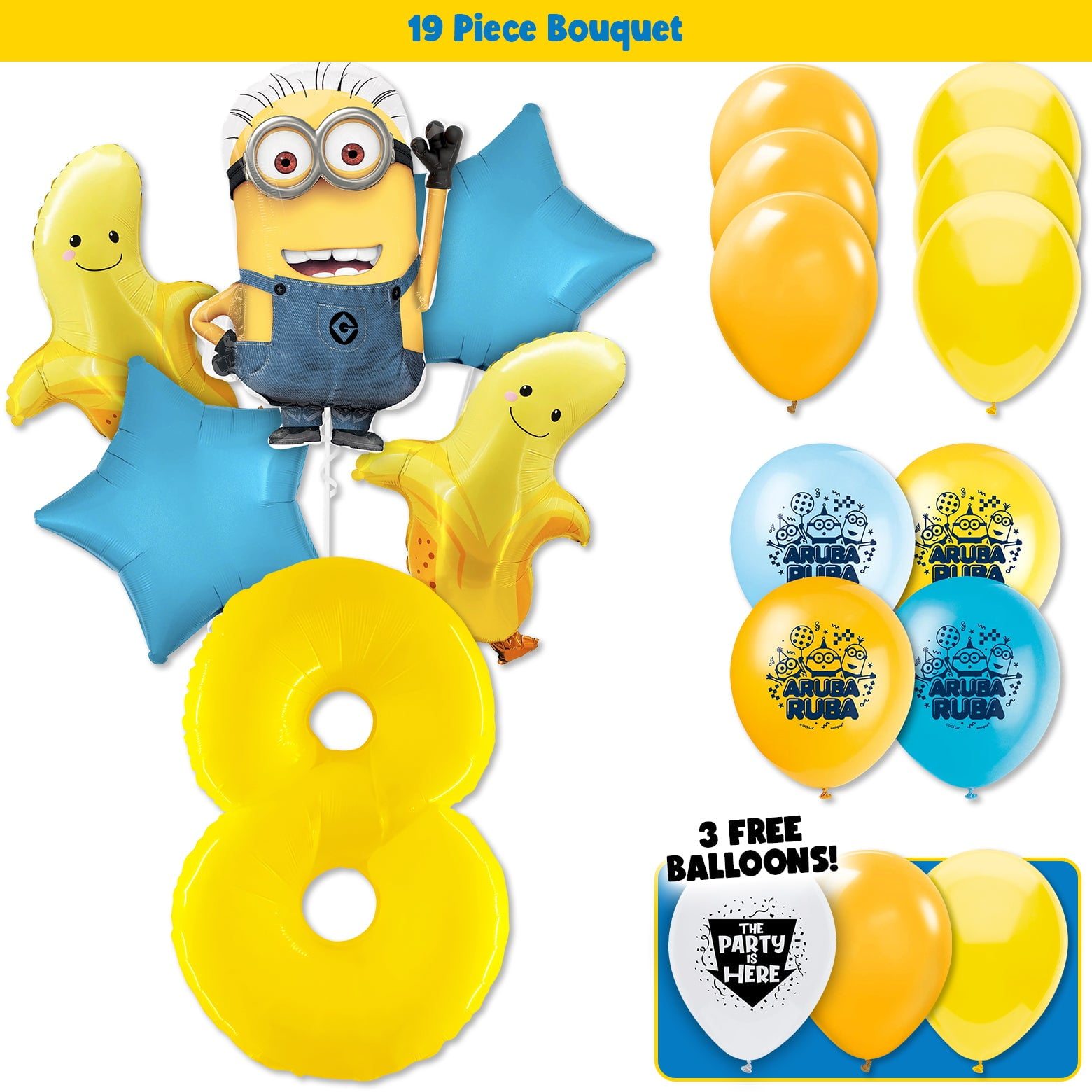 19pc Minions Banana-rama Balloon Kit with 40" Yellow Balloon Number 8 ...