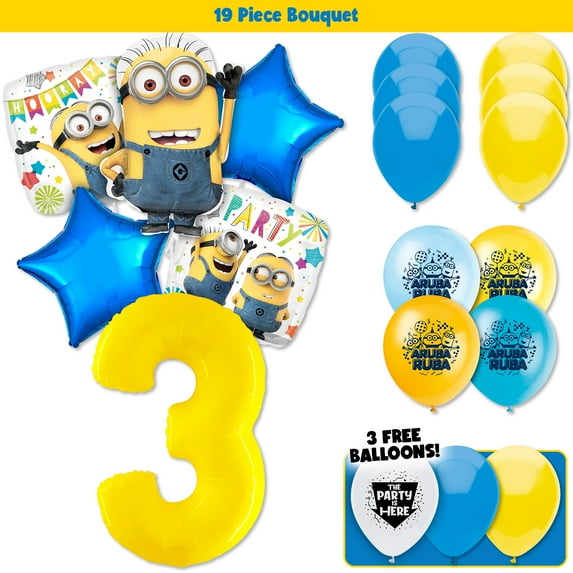 19pc Minions It's a Party Balloon Kit with 40" Yellow Balloon Number 3 ...