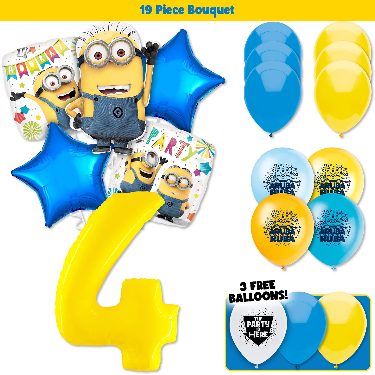 19pc Minions It's a Party Balloon Kit with 40" Yellow Balloon Number 4 ...