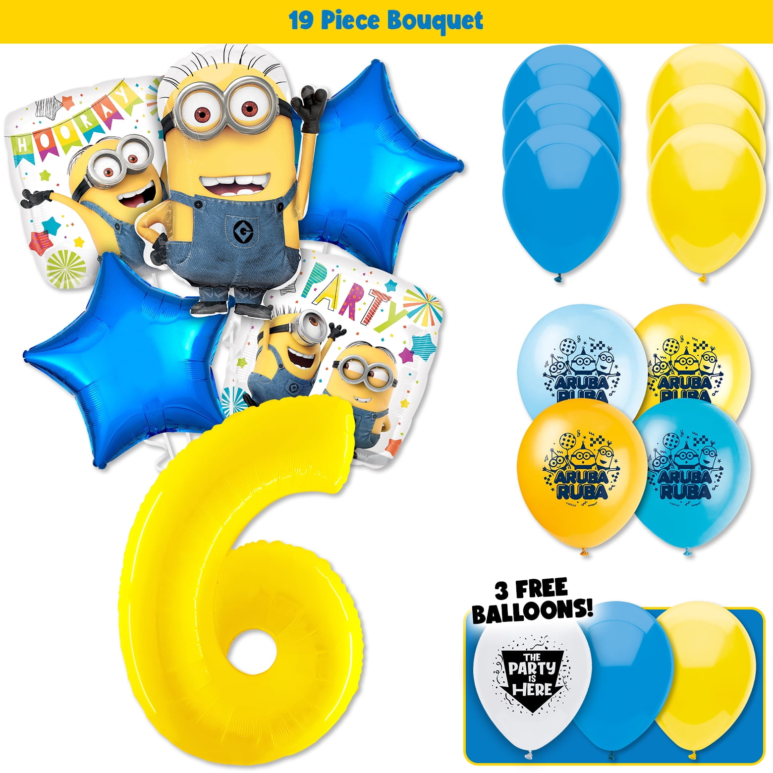 19pc Minions It's a Party Balloon Kit with 40" Yellow Balloon Number 6 ...