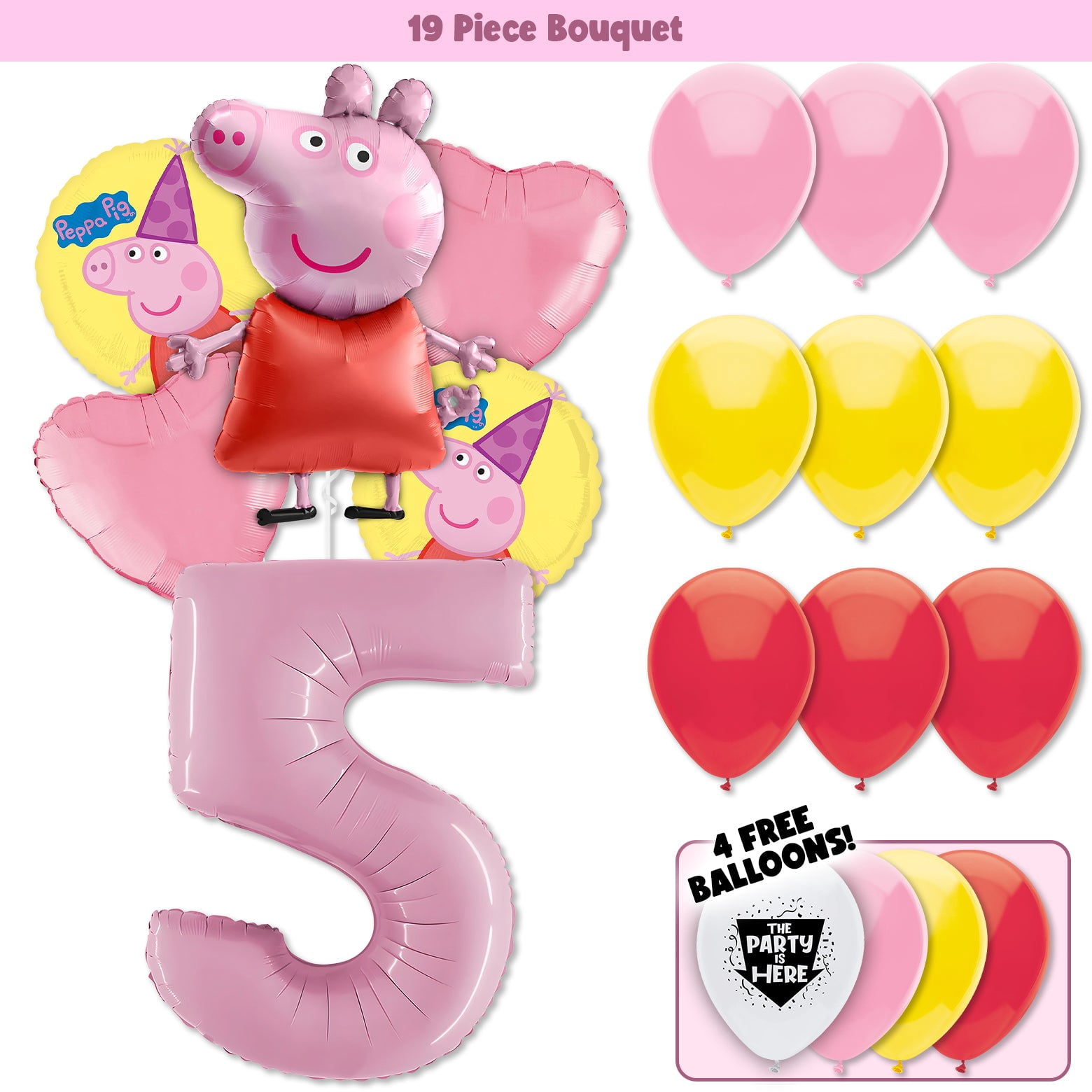 19pc Peppa Pig Balloons Kit with 40" Pastel Pink Number 5 Balloon ...