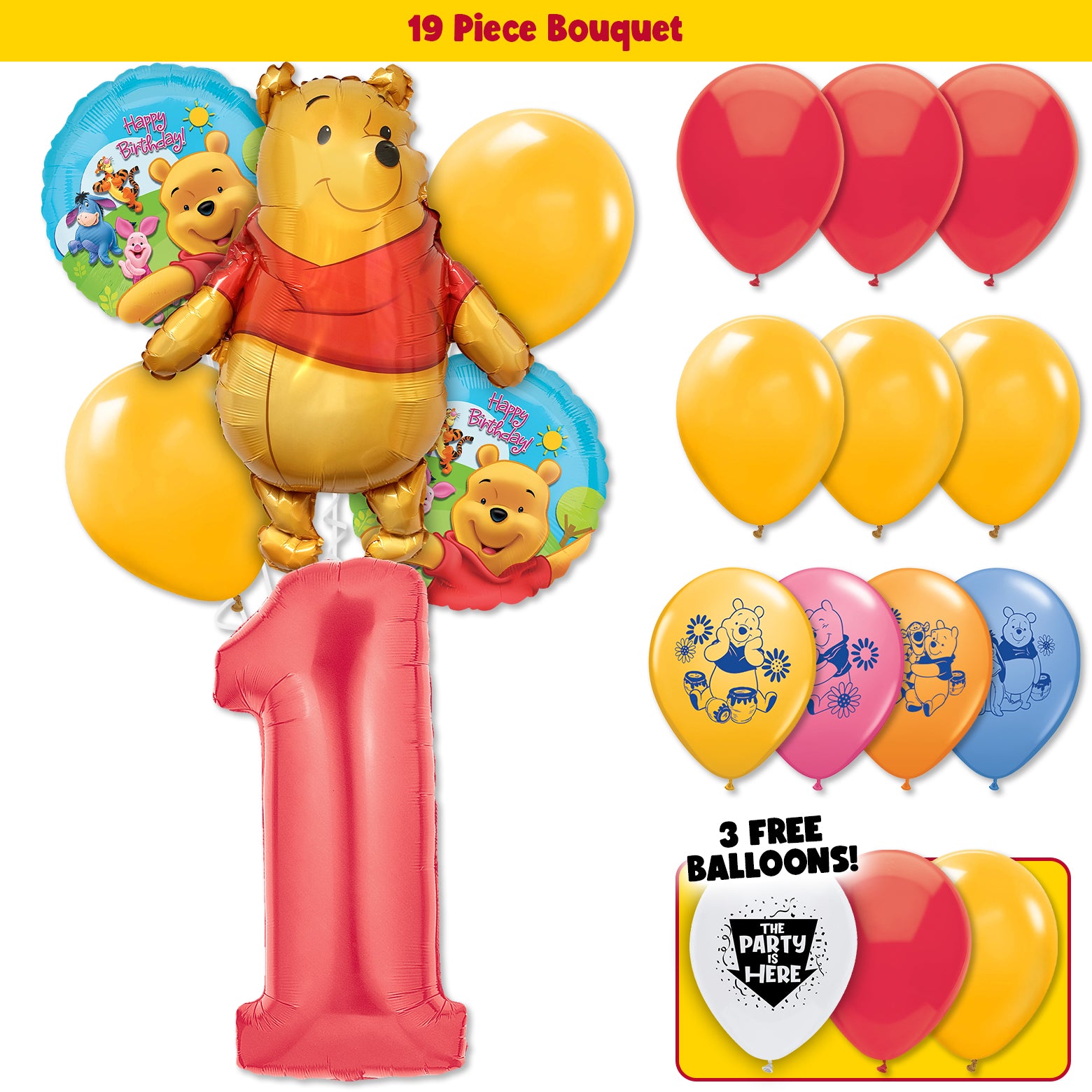 19pc Pooh Bear Balloon Kit with 40" Red Number 1 Balloon - Kids Winnie ...