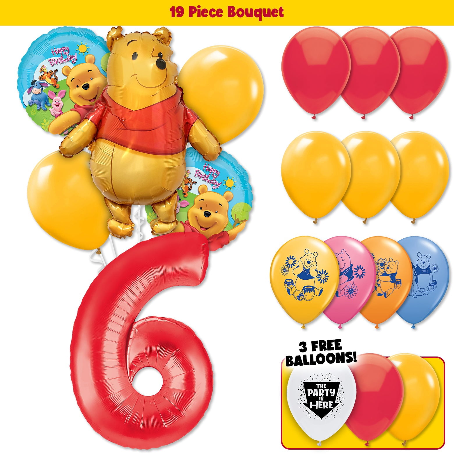 19pc Pooh Bear Balloon Kit with 40" Red Number 6 Balloon - Kids Winnie ...