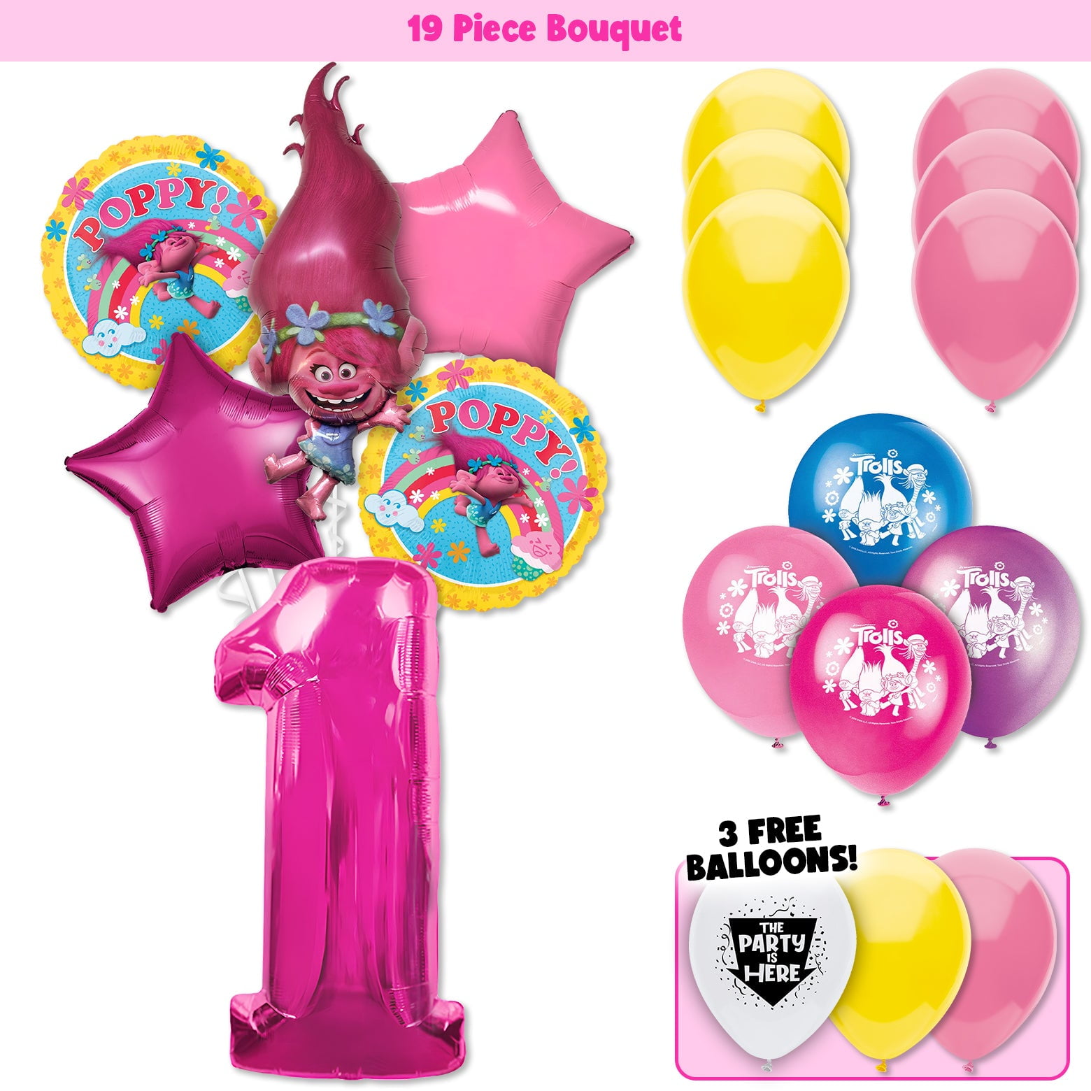19pc Trolls Poppy Balloon Kit with 42" Hot Pink Number 1 Balloon ...