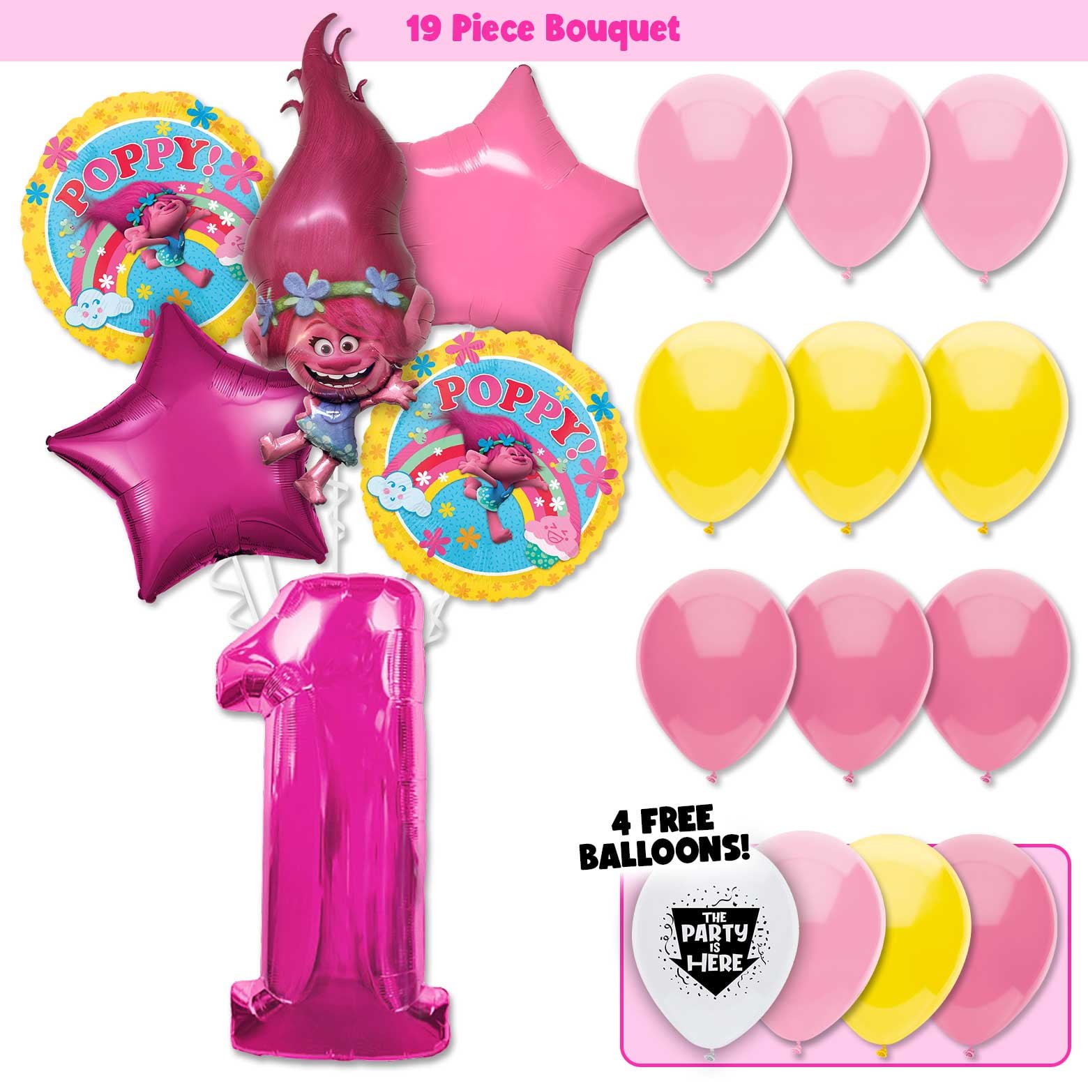 19pc Trolls Poppy Balloon Kit with 42" Hot Pink Number 1 Balloon ...