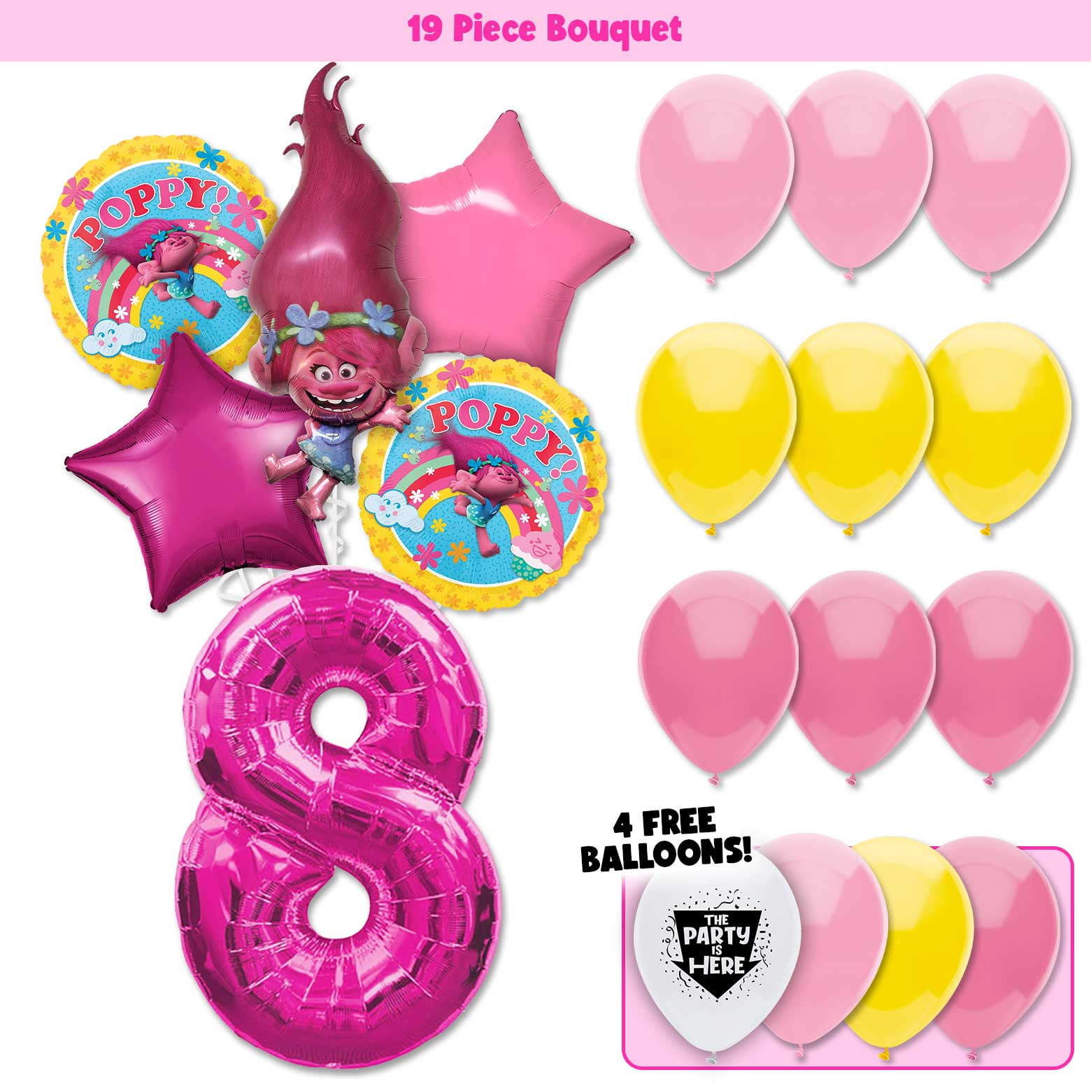 19pc Trolls Poppy Balloon Kit with 42" Hot Pink Number 8 Balloon ...