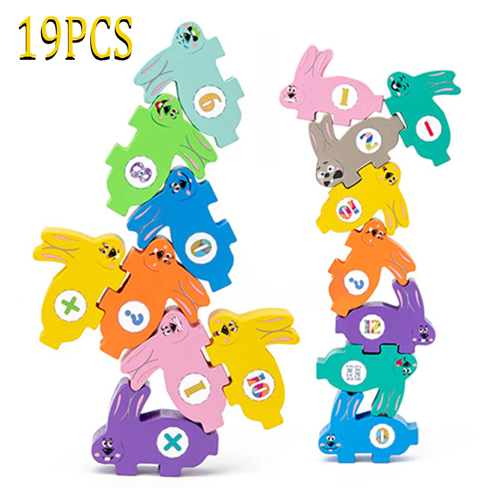 19pcs Rabbit Stacking Toy Safe Wooden Colorful Cute Bunny Counting ...