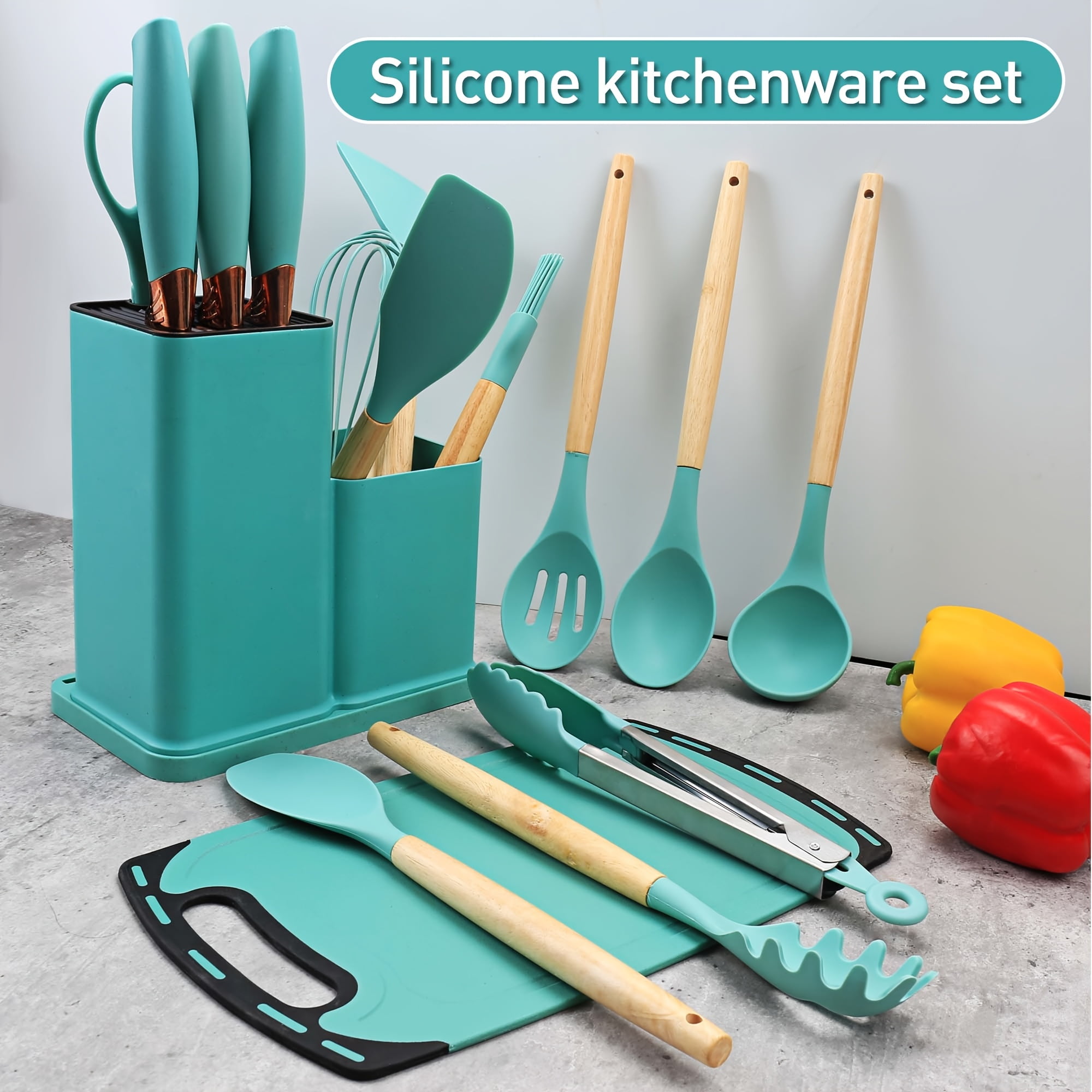 19pcs Silicone Kitchenware Set - Heat-Resistant Silicone Knives (Wooden ...