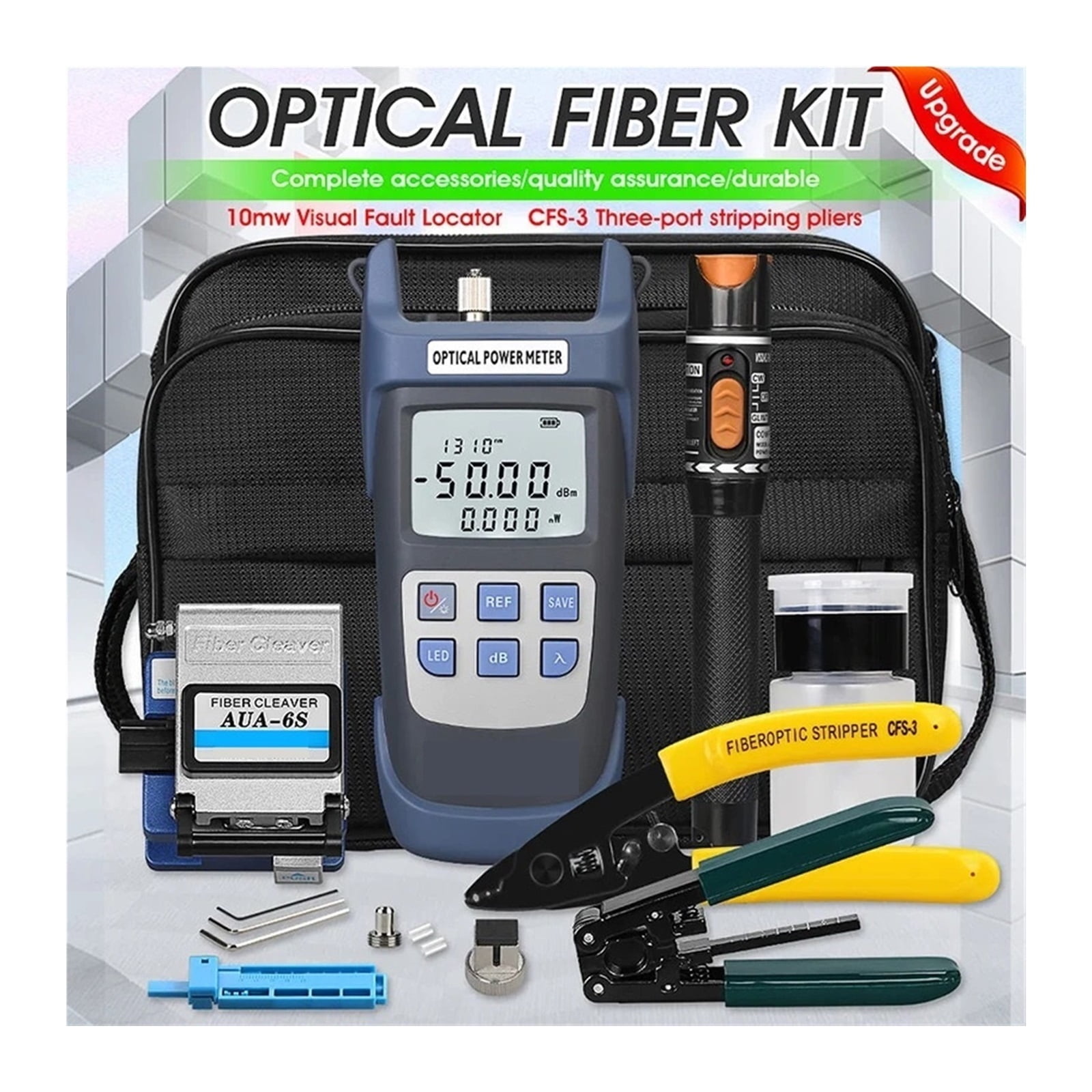 19pcs/set FTTH Fiber Optic Tool Kit With AUA-6S Fiber Cleaver -70~+10dBm/-50+26dBm Optical Power ...