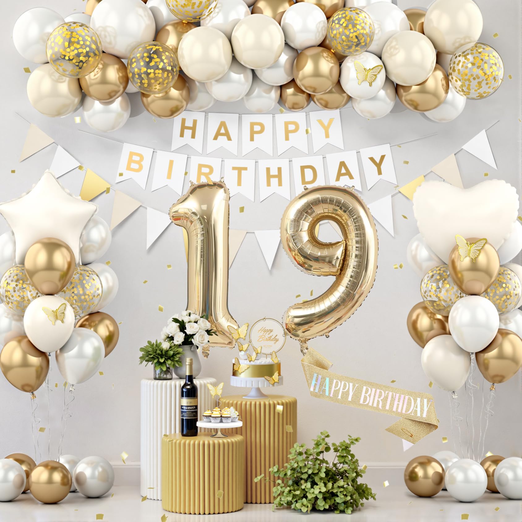 19th Birthday Decorations, FEV6 White Gold Birthday Party Decorations ...