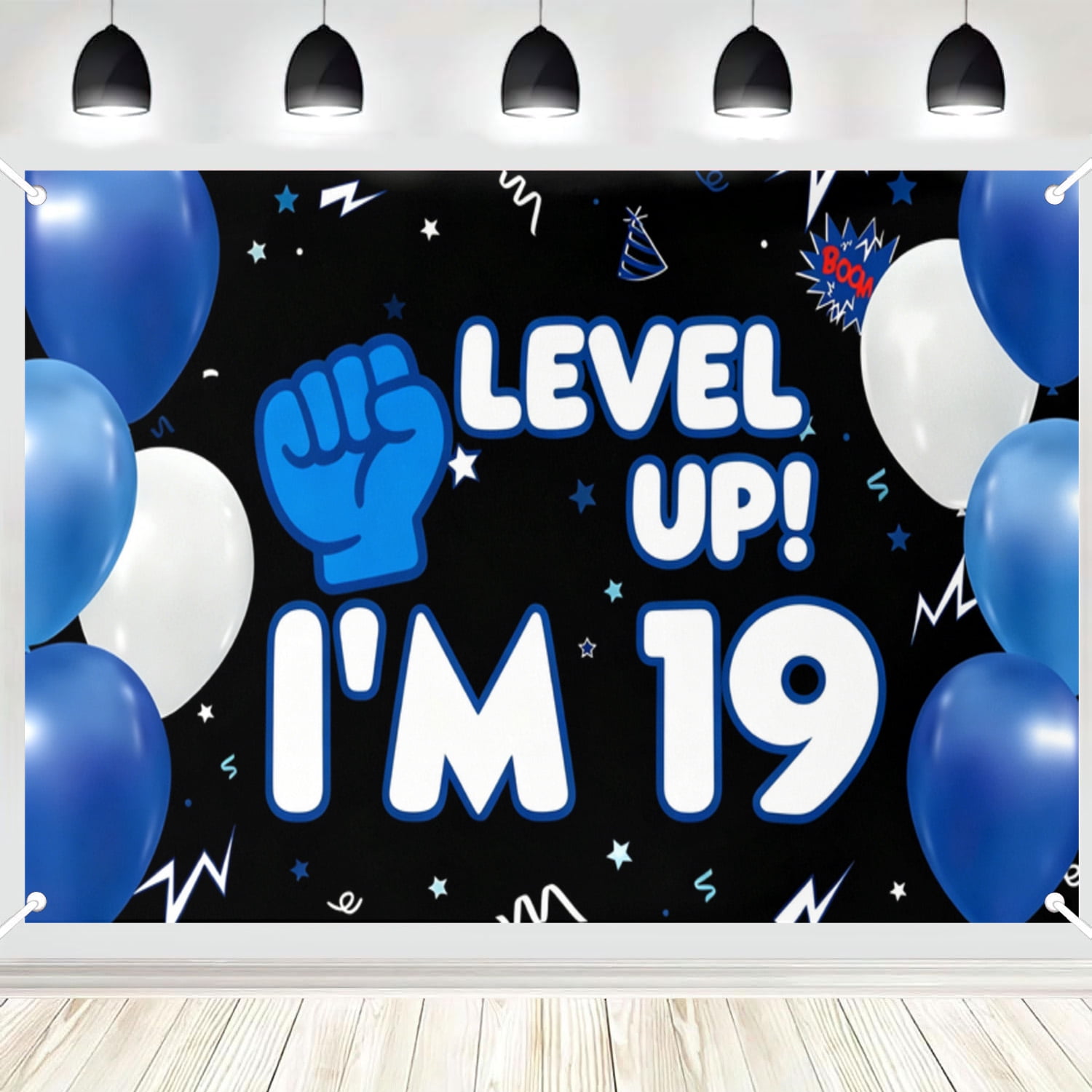 19th Birthday Polyester Backdrop, Black Blue Gaming Style Party Photo ...