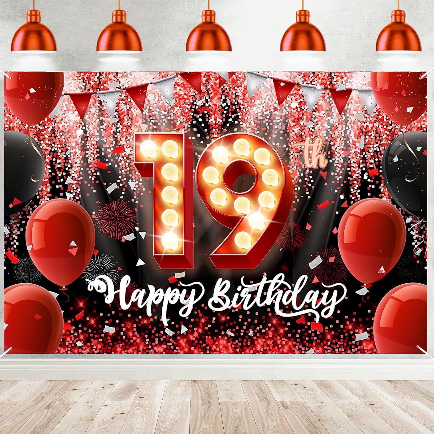 19th Happy Birthday Banner Red Sequin Balloon Banner Backdrop for Man Woman Gift Sign Birthday ...