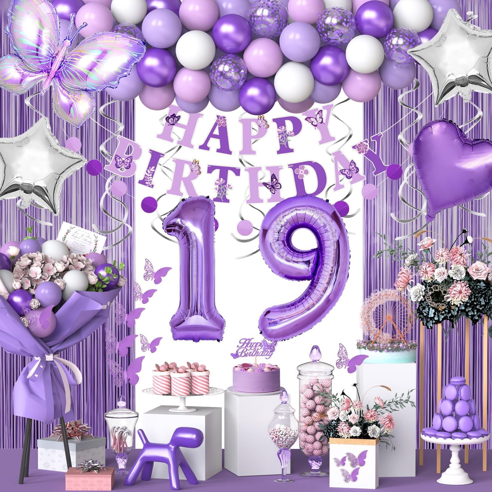 19th Purple Birthday FEV6 Decorations for Women, Purple Pink 19th ...