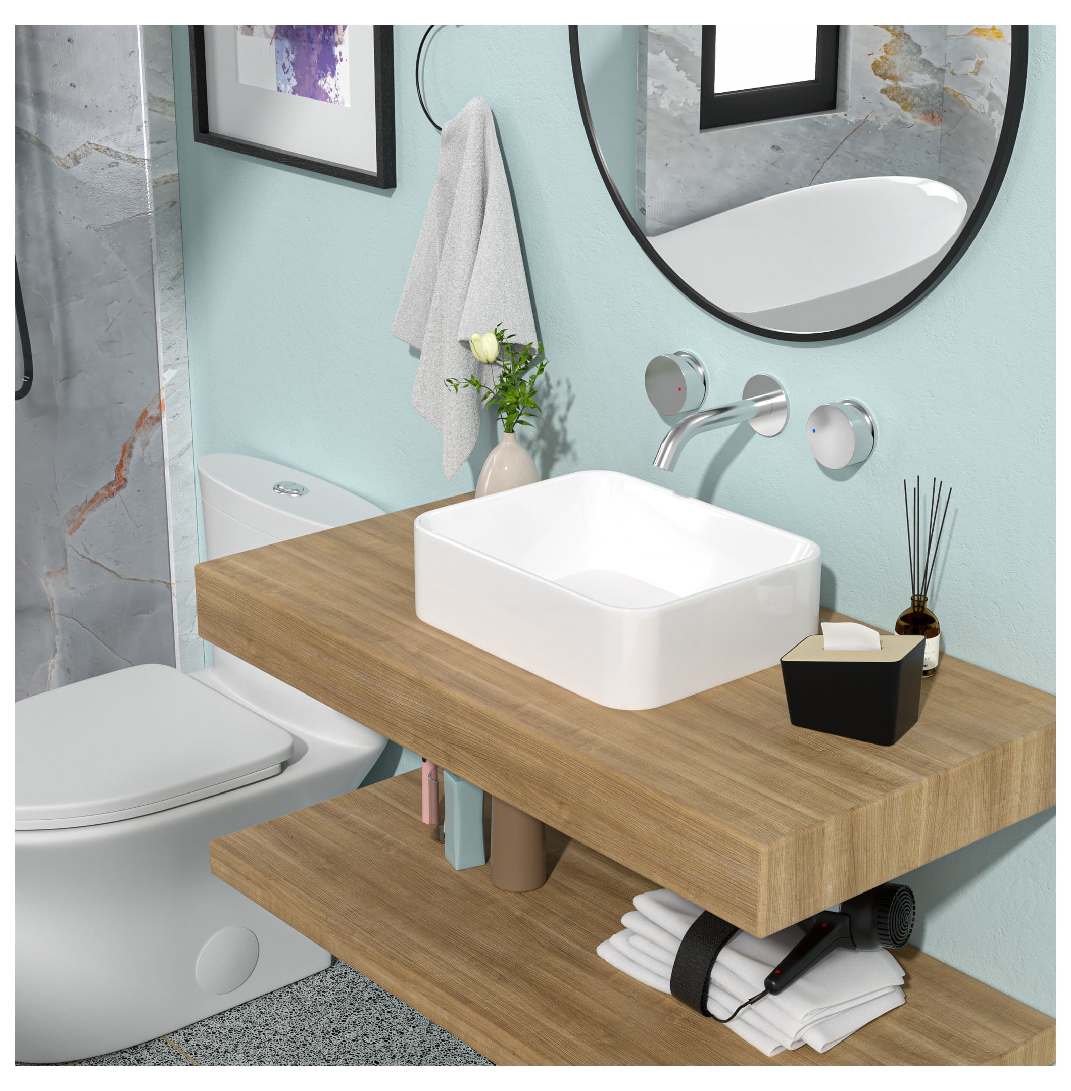 19x15 White Ceramic Rectangular Vessel Sink, Bathroom Countertop ...