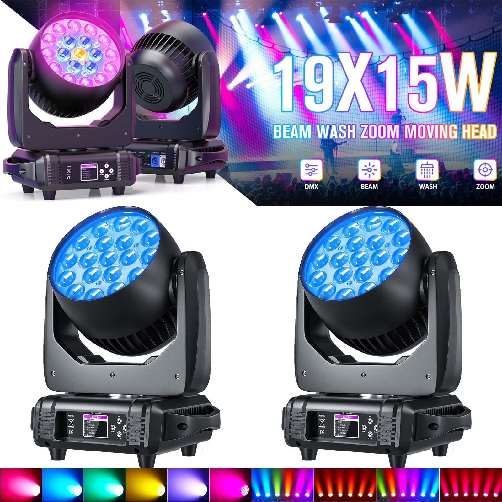 19x15W RGBW Wash Zoom Beam Moving Head Spotlight LED Stage Light DMX DJ ...