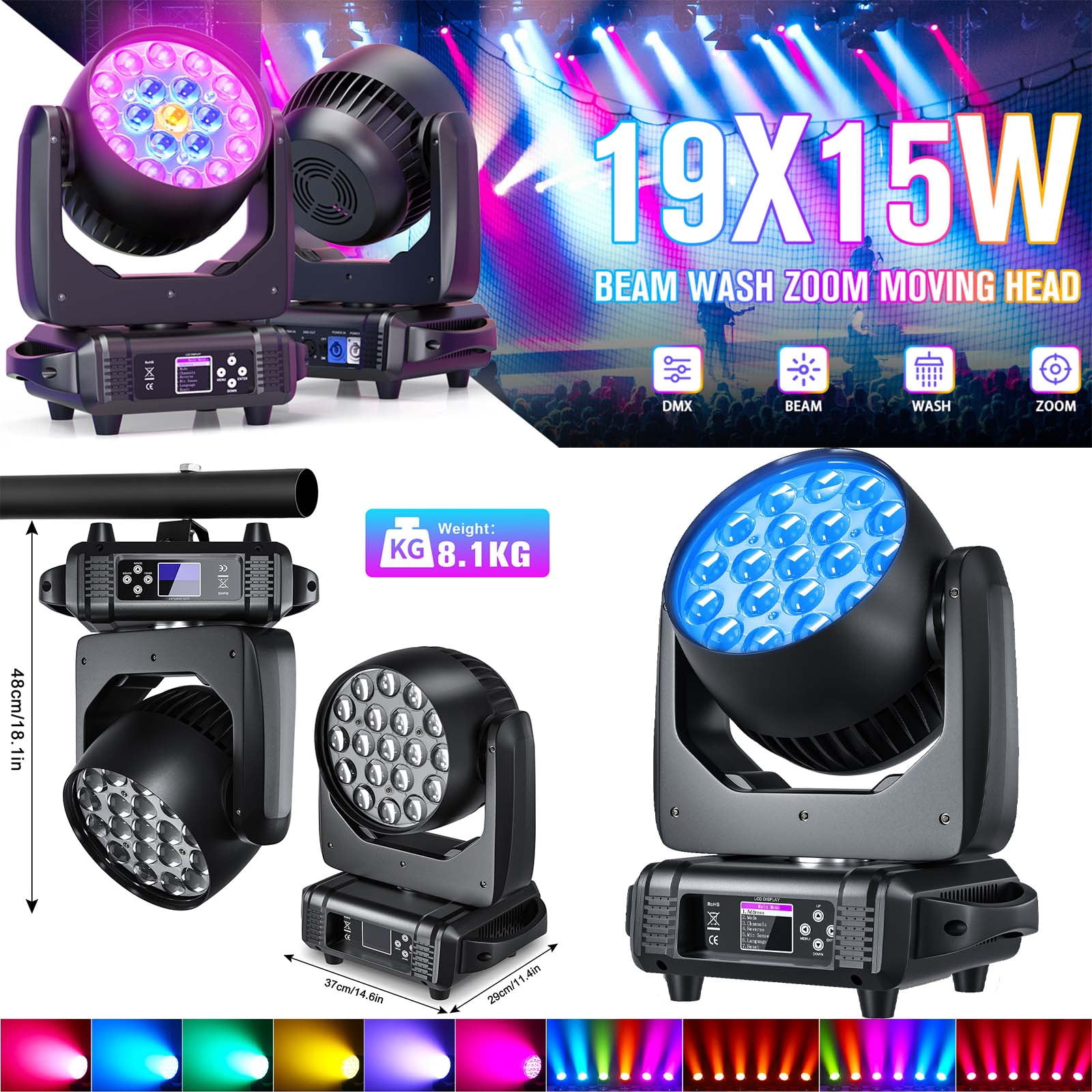 19x15W RGBW Wash Zoom Beam Moving Head Spotlight LED Stage Light DMX DJ ...