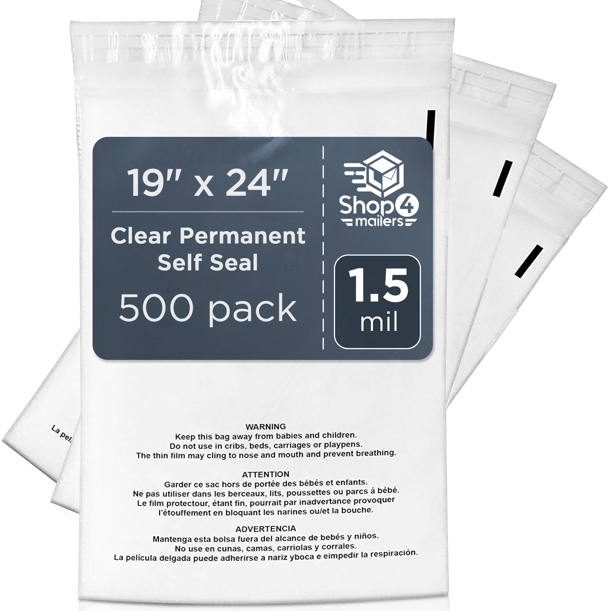 19x24 Clear Poly Bag with Suffocation Warning, Self-Seal Adhesive 1.5 ...