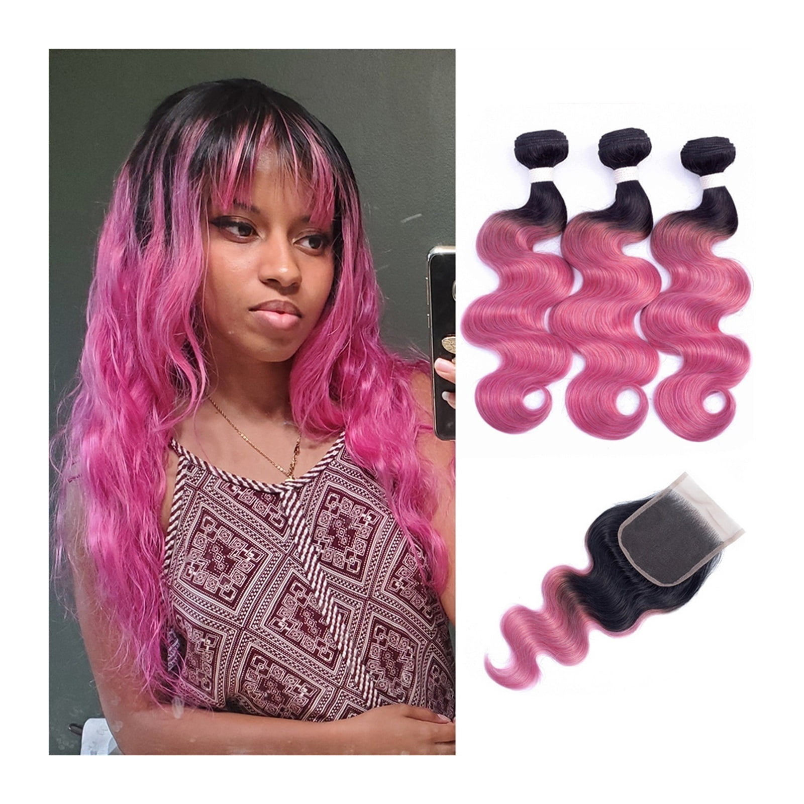 1B Rose Pink Ombre Human Hair 2/3 Bundles with Closure Transparent Lace ...