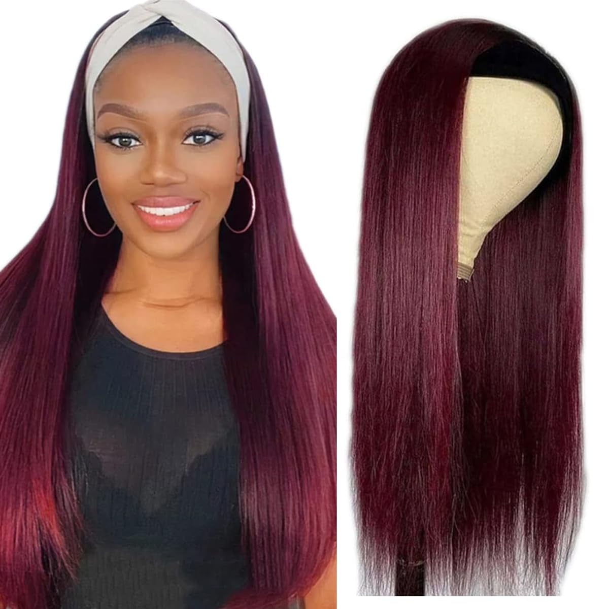 1B99J Straight Headband Human Hair Wigs Ombre Brazilian Remy Human Hair ...