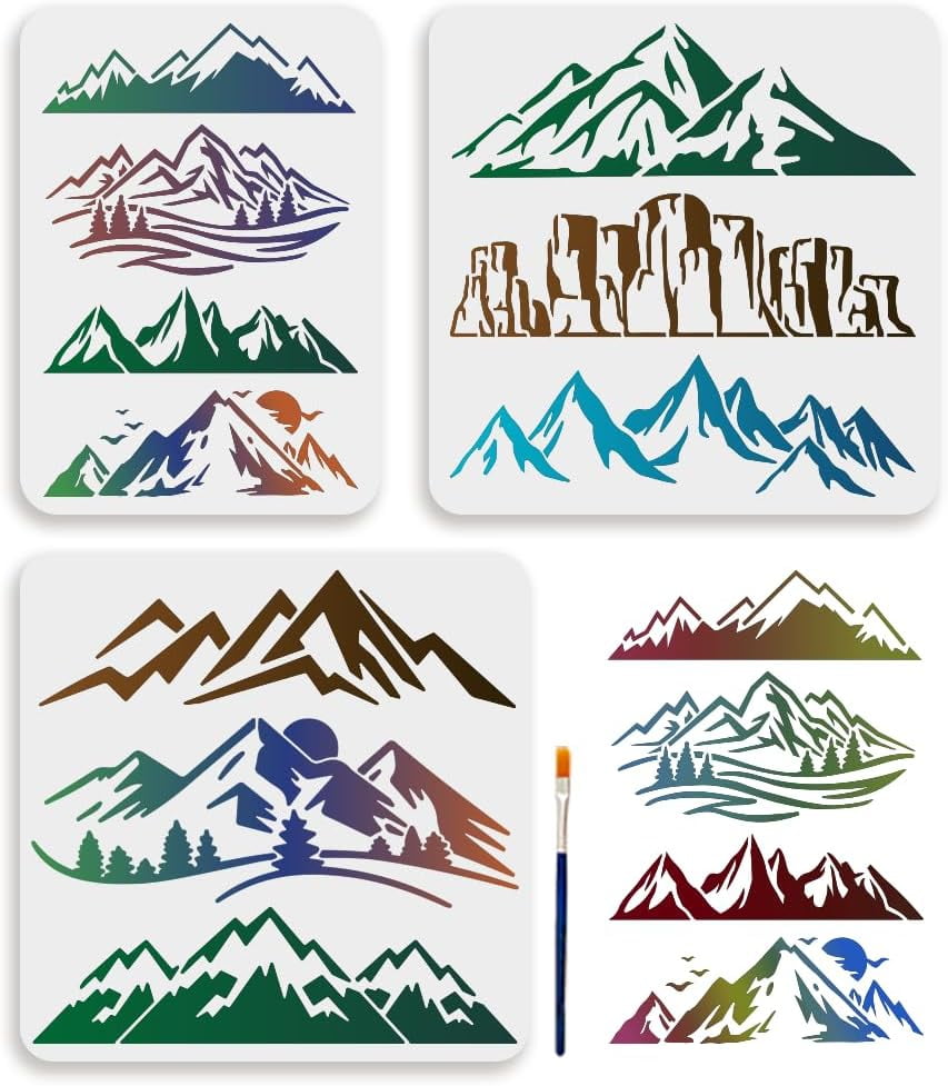 1Bag 10 Styles Mountain Stencils 11.7×8.3/11.8×11.8inch Mountain Tree ...