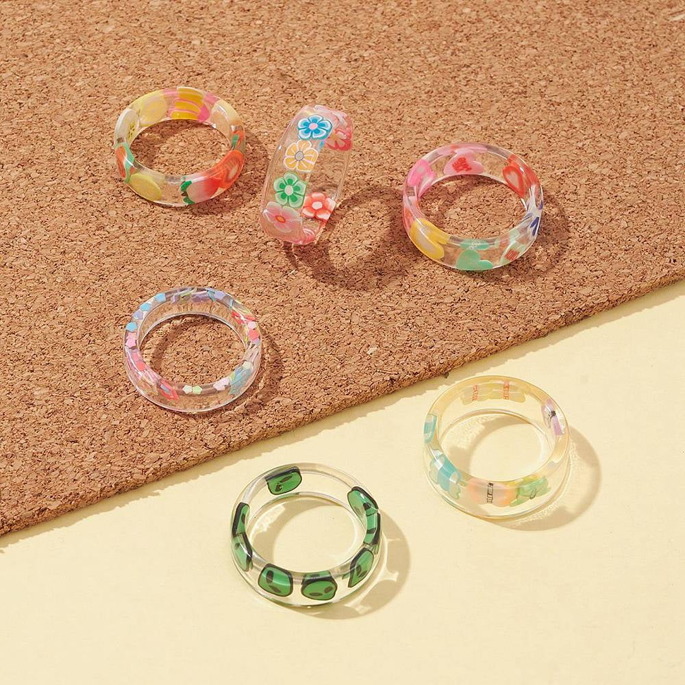 1Bag 6Pcs 6 Styles Resin Stackable Finger Rings Set for Women Flower ...