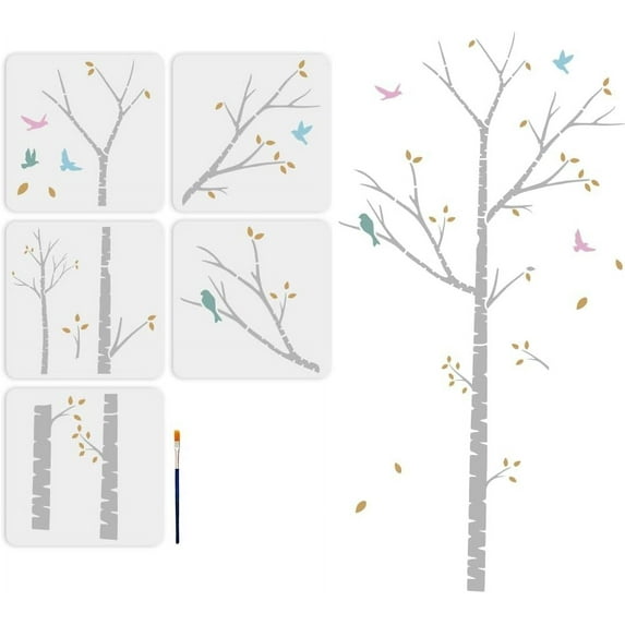 1Bag Birch Tree Wall Stencil Set 21.6 x 42.2 inches 5 Pieces with Paint Brush Forest Design ...