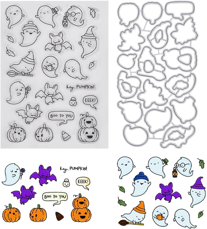 1Bag Halloween Theme Clear Rubber Stamp and Metal Cutting Die Set Ghost ...