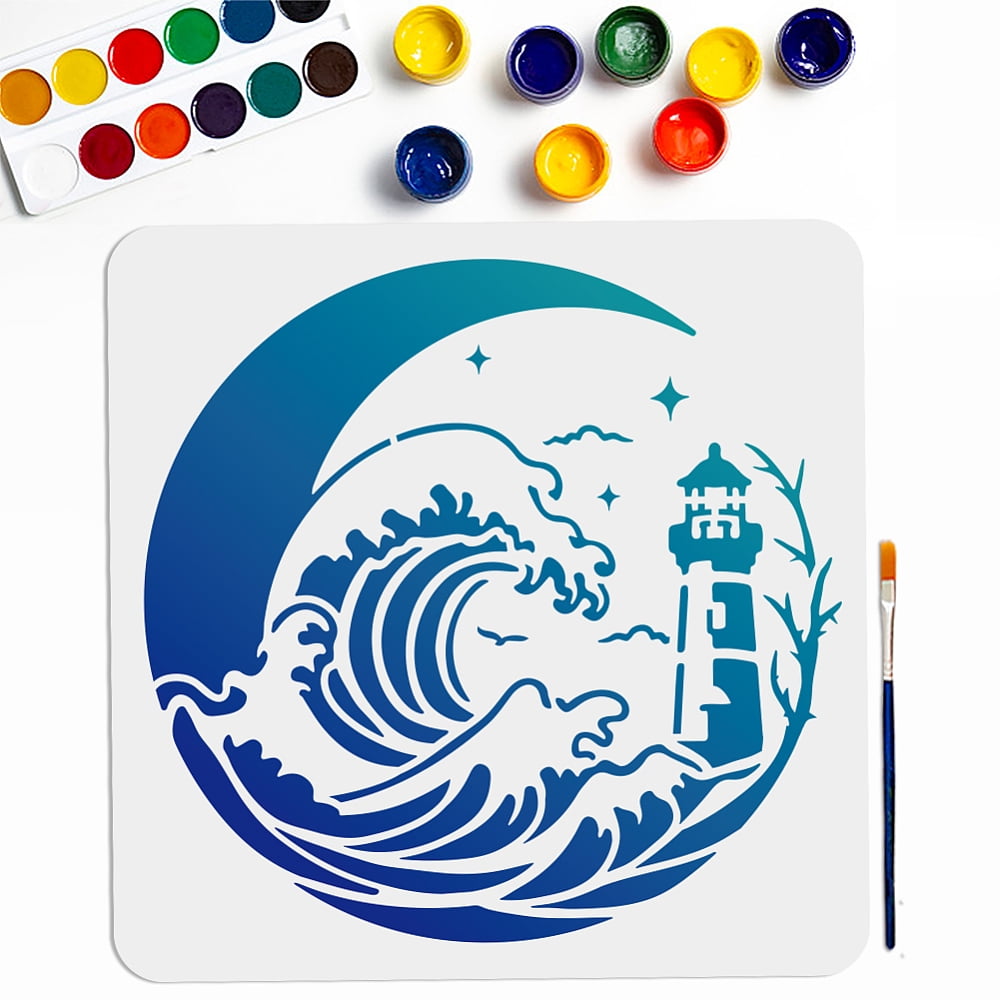 1Bag Moon Waves Lightho e Stencil 11.8×11.8inch Large Nautical Lightho e Sea Waves Stencils with ...