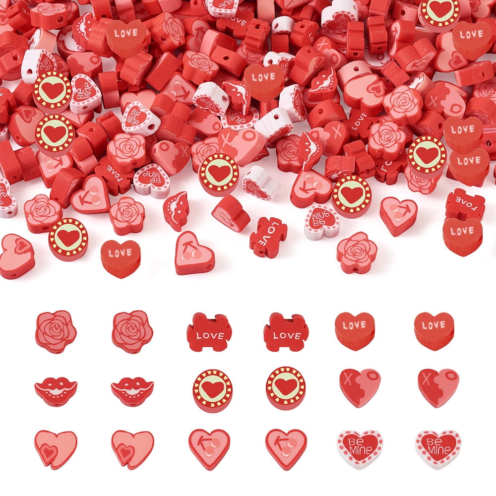 1Bag Valentine's Day Theme Handmade Polymer Clay Beads Mixed Shapes Red ...