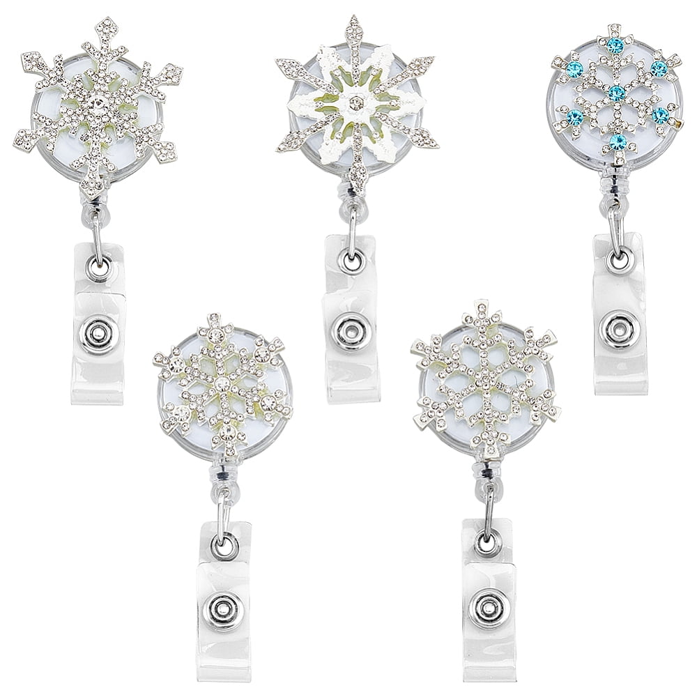 1Box 1 Set Snowflake Badge Reel Alloy Rhinestone & Plastic Retractable ...