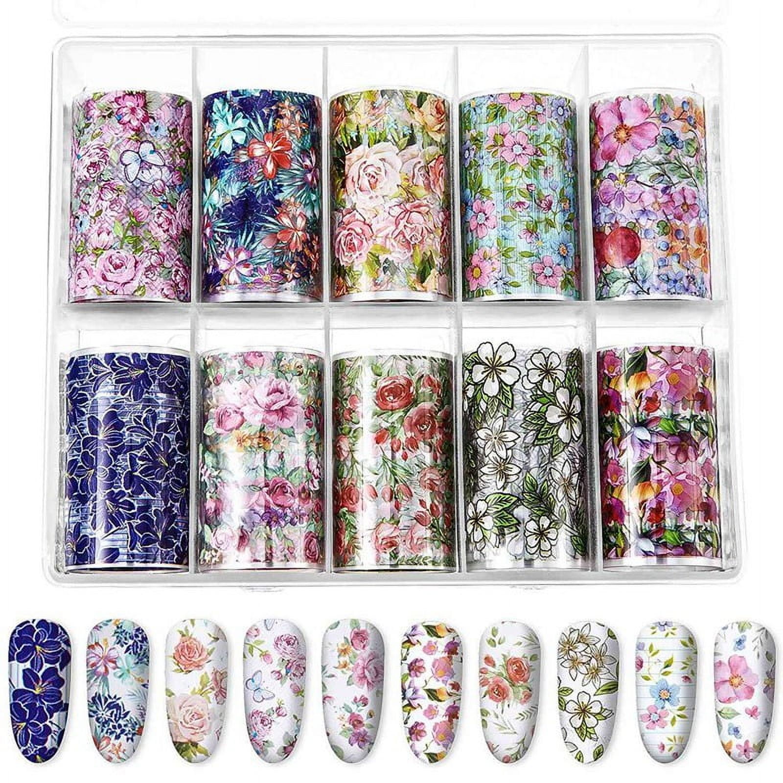 1Box/10roll Colorful Flowers Print Stickers Nails Foils Starry Wraps Transfer Decals Na mj2307 ...