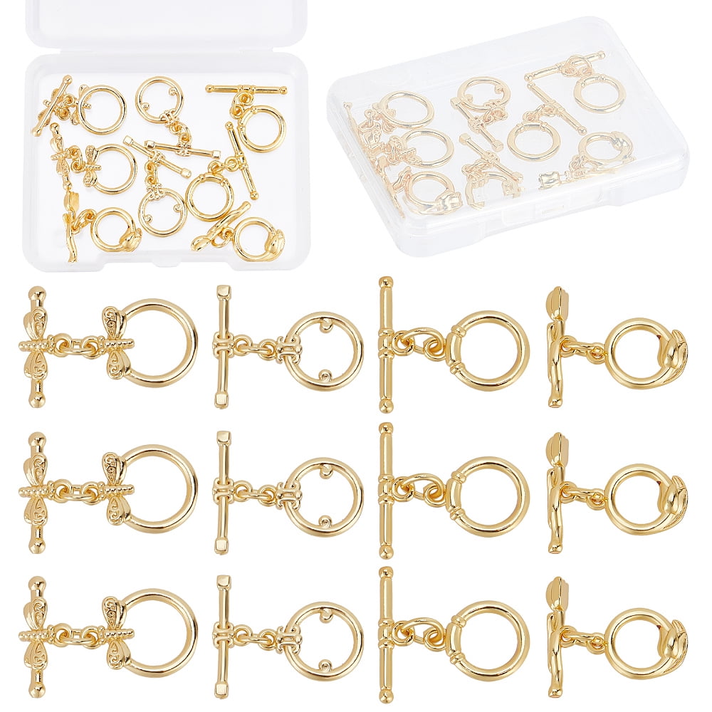 1Box 12 Sets 4 Styles 18K Gold Plated Brass Round Toggle Clasps T Bar OT End Fasteners Jump ...