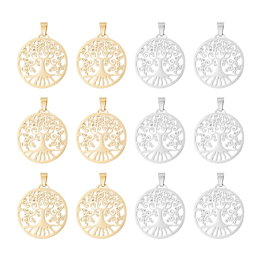 1Box 12Pcs 2 Colors 201 Stainless Steel Pendants Flat Round with Tree ...