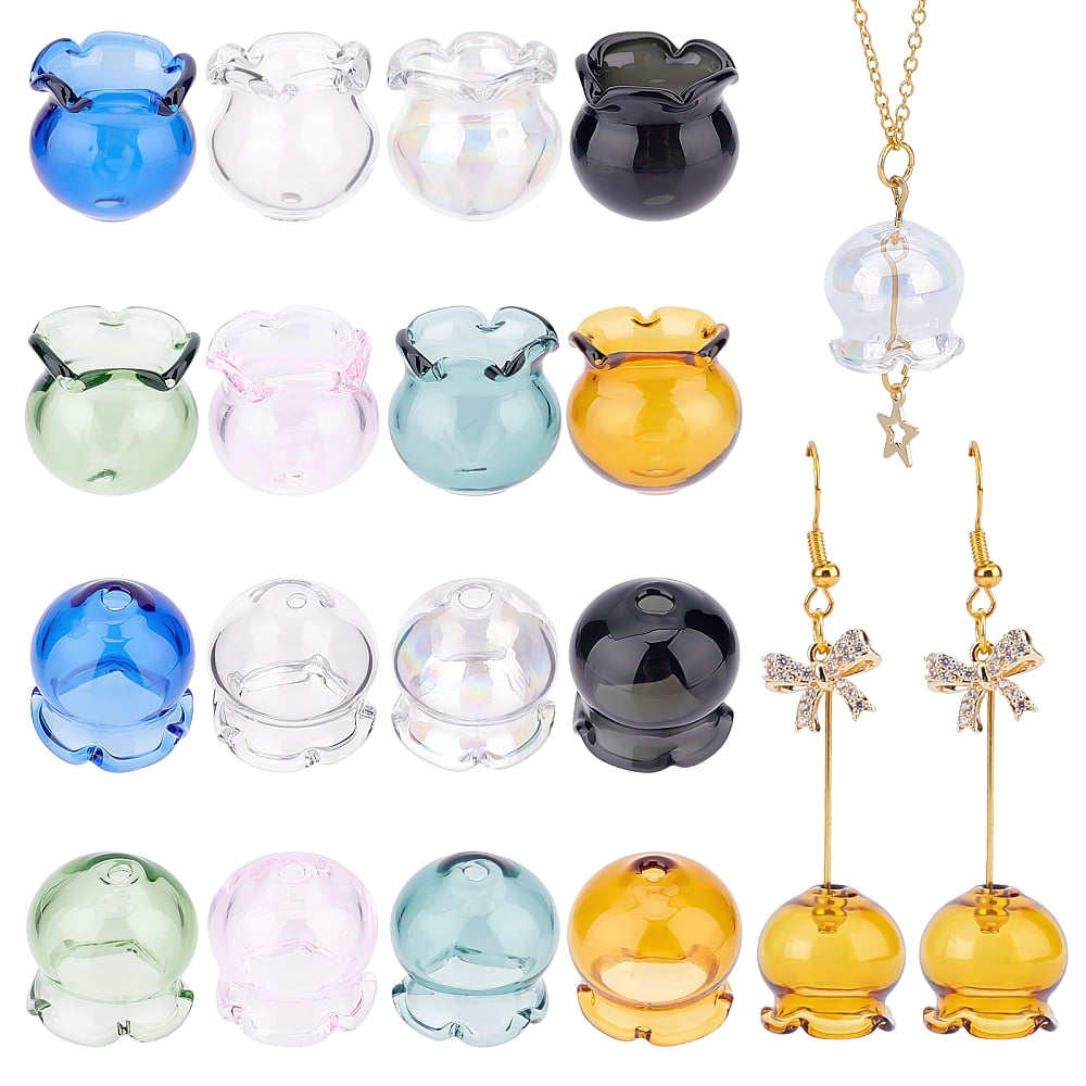 1Box 16Pcs 8 Colors Handmade Blown Glass Flower Beads Campanula Medium ...