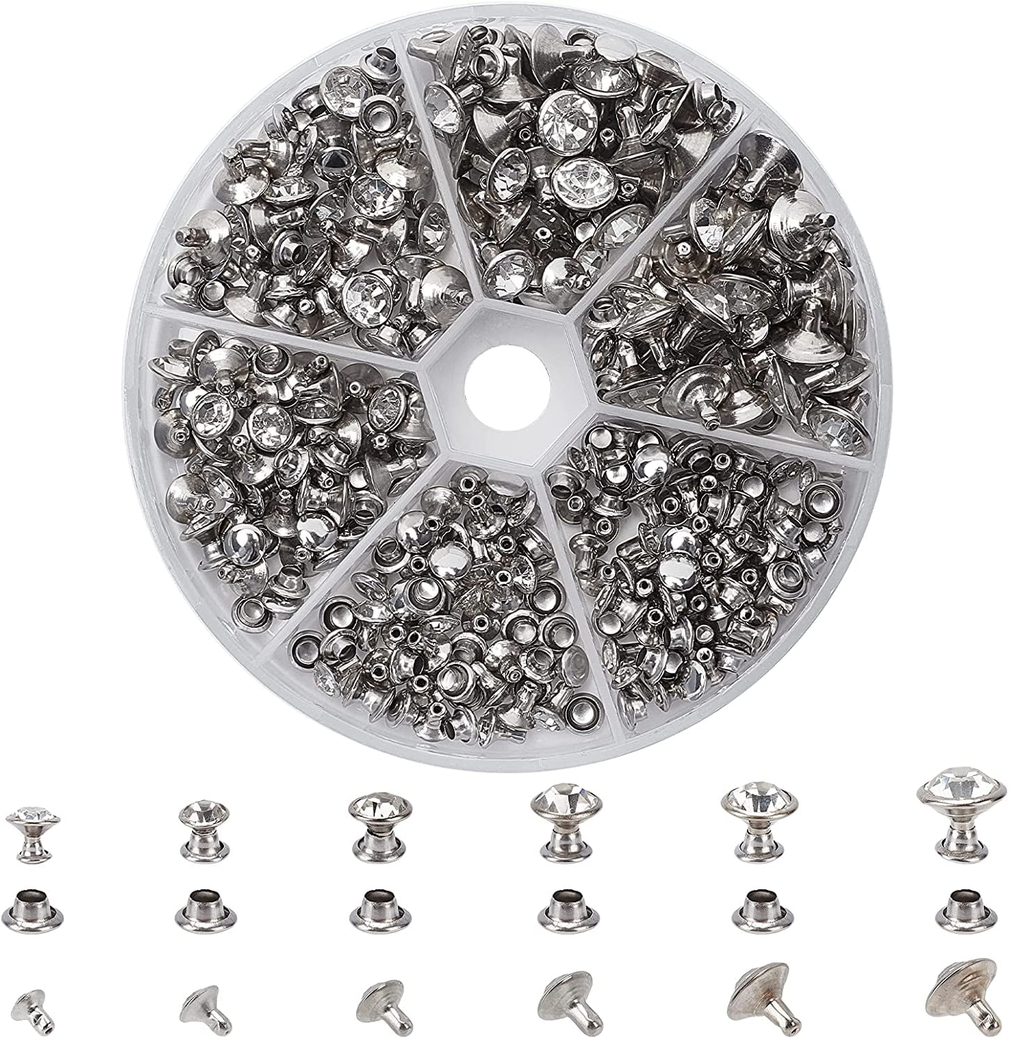 1Box 180 Sets Rhinestone Rivets, 6 Sizes Silver Cz Clear Crystal Brass ...