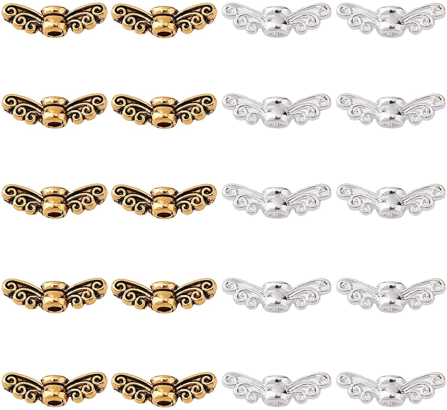 1Box 200pcs Angel Wing Beads Silver Golden Tibetan Alloy Beads Fairy ...
