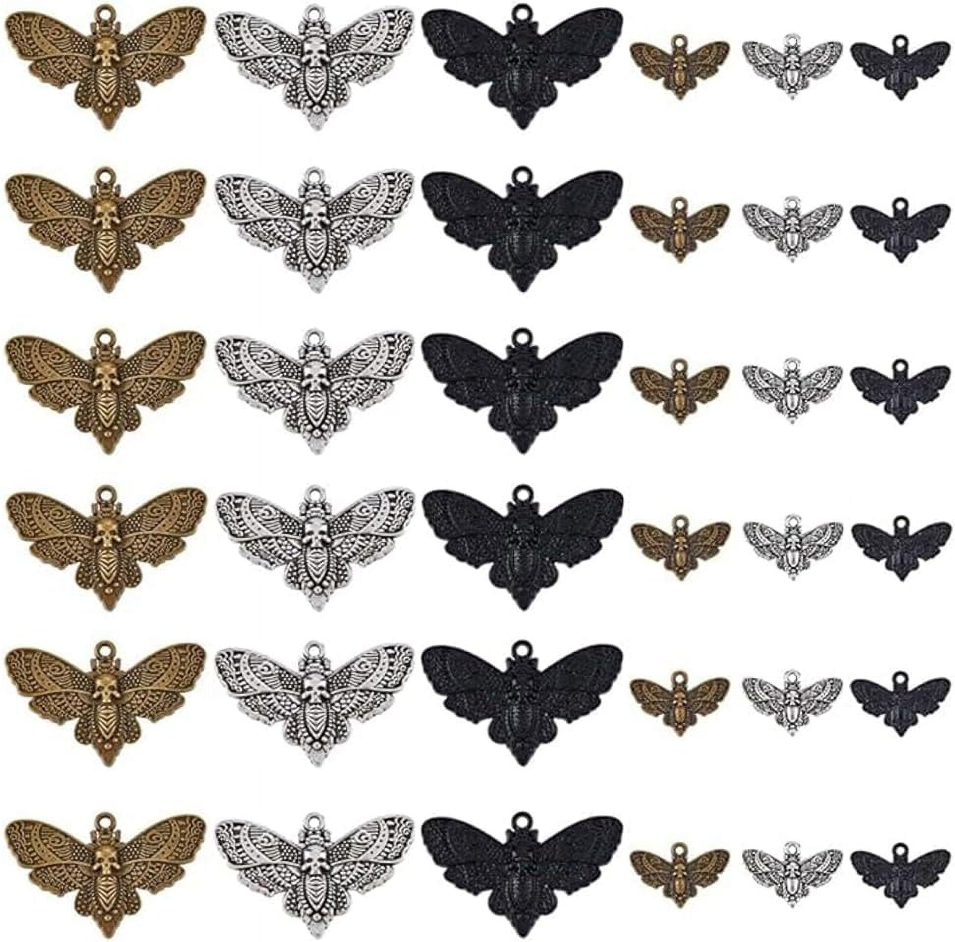 1Box 36Pcs 6 Styles Moth Gothic Pendants Black Silver Insect Charm Moth ...