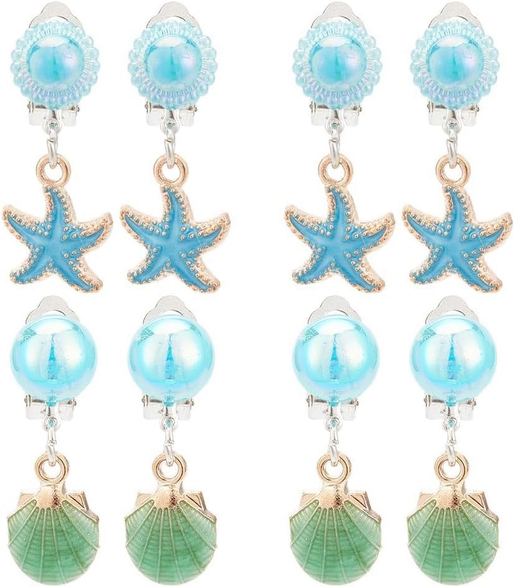 1Box 4 Pairs 2 Styles Clip on Earrings Starfish Imitation Shell Enamel ...