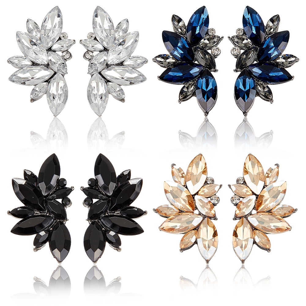 1Box 4 Pairs 4 Colors Rhinestone Flower Stud Earrings Gunmetal Alloy ...