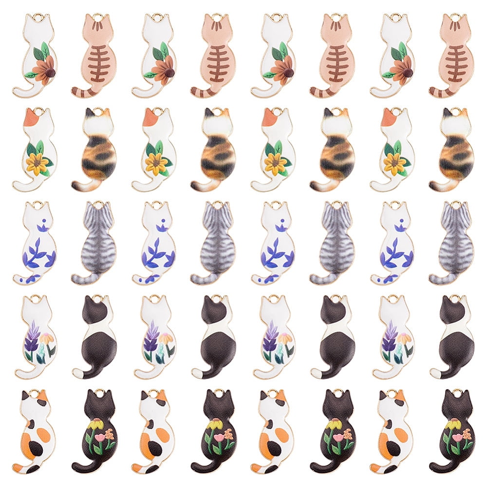 1Box 40Pcs 10 Colors Rack Plating Alloy Enamel Pendants Light Gold Cat ...