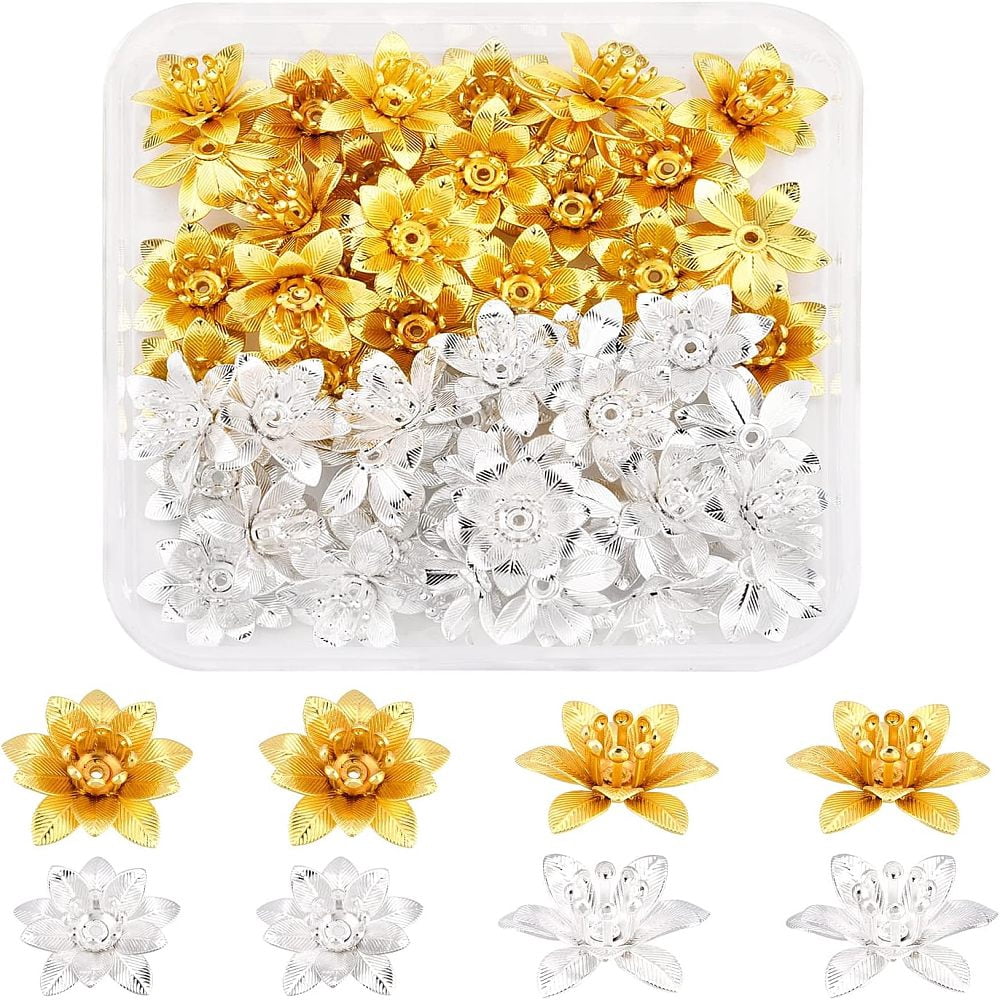 1Box 48Pcs 2 Colors 3D Brass Bead Caps Flower Multi-Petal Mixed Color ...